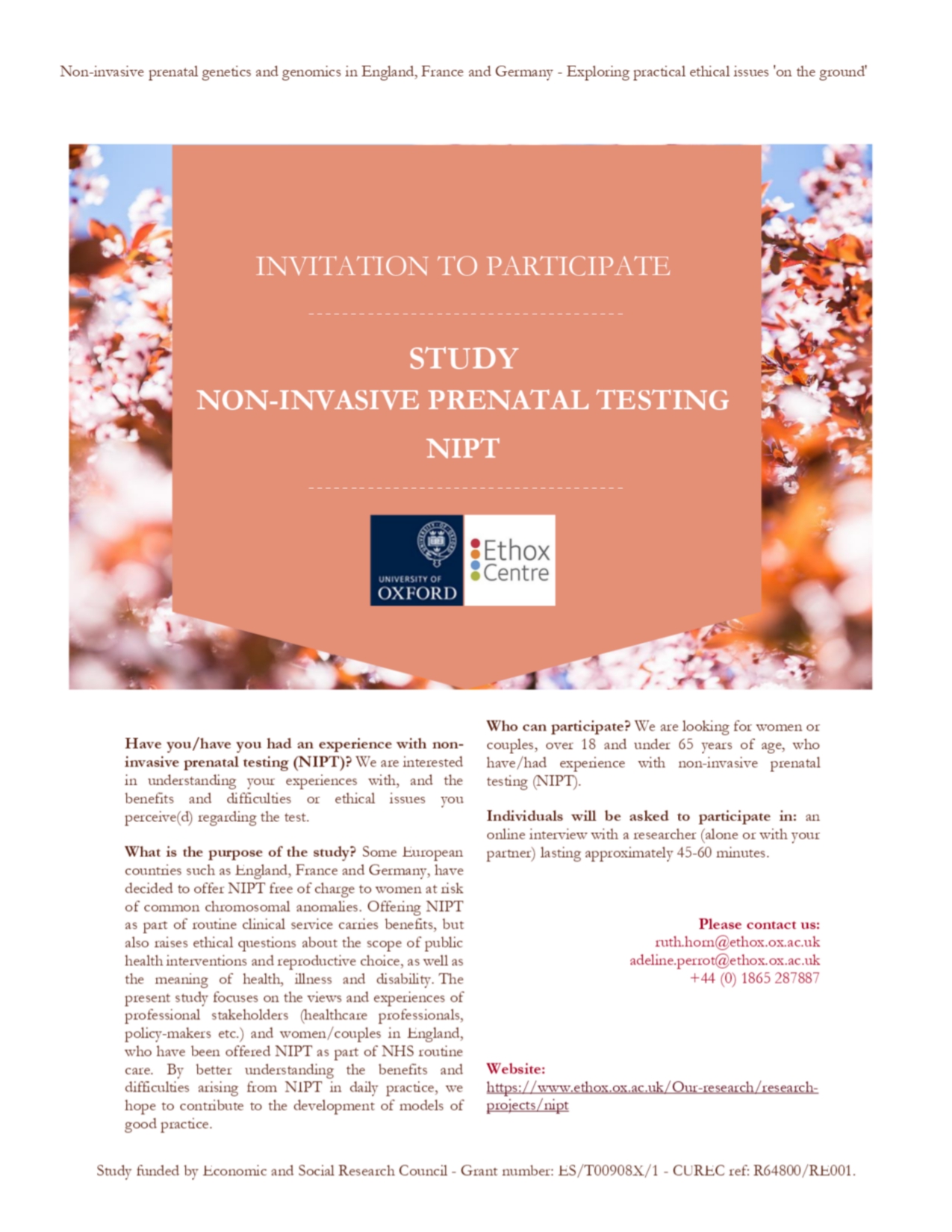 Invitation to participate in study about NIPT (Non-Invasive Prenatal ...